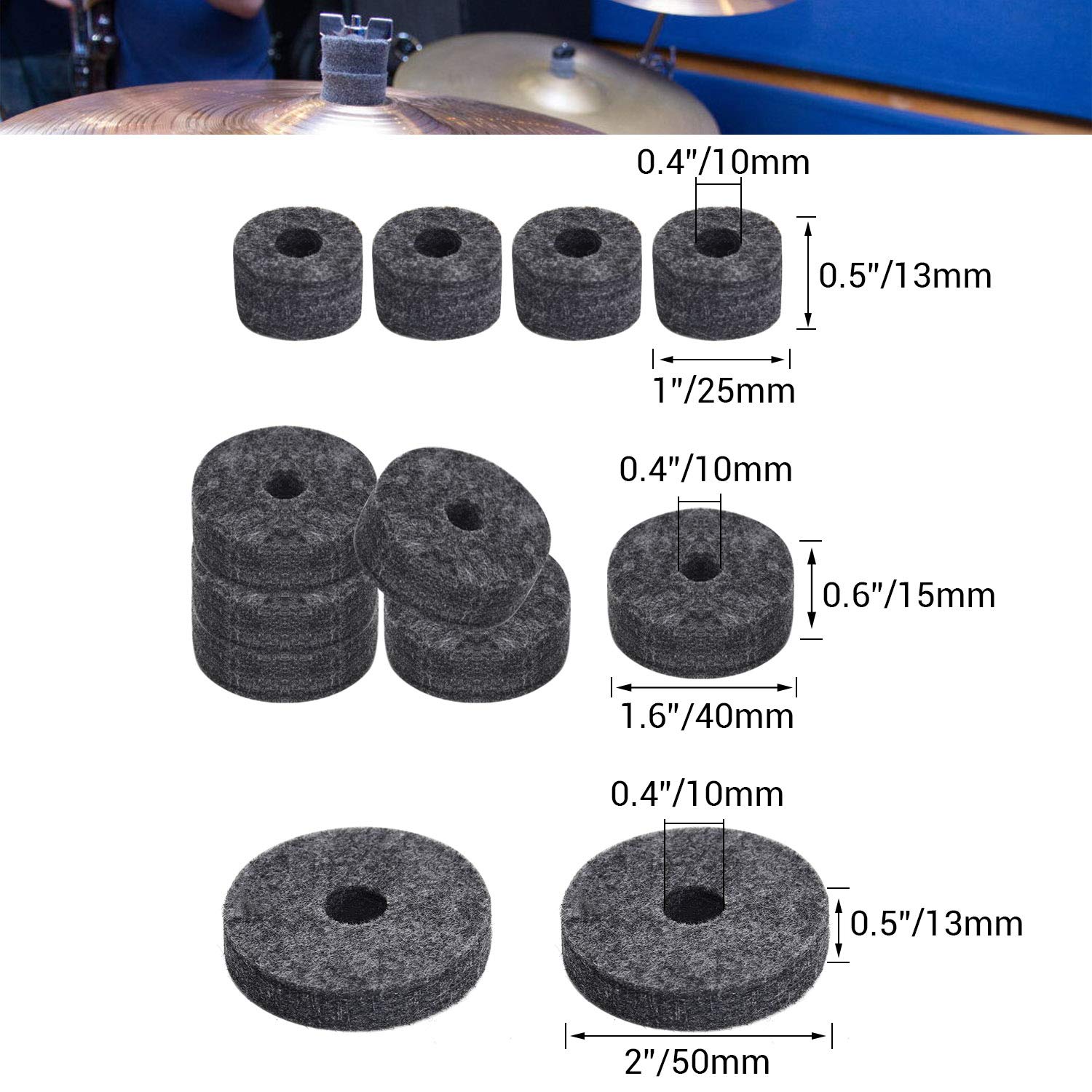 Facmogu 23PCS Cymbal Replacement Accessories, Cymbal Stand Felts, Drum Cymbal Felt Pads Include Wing Nuts, Washers, Cymbal Sleeves & Drum Key - Gray