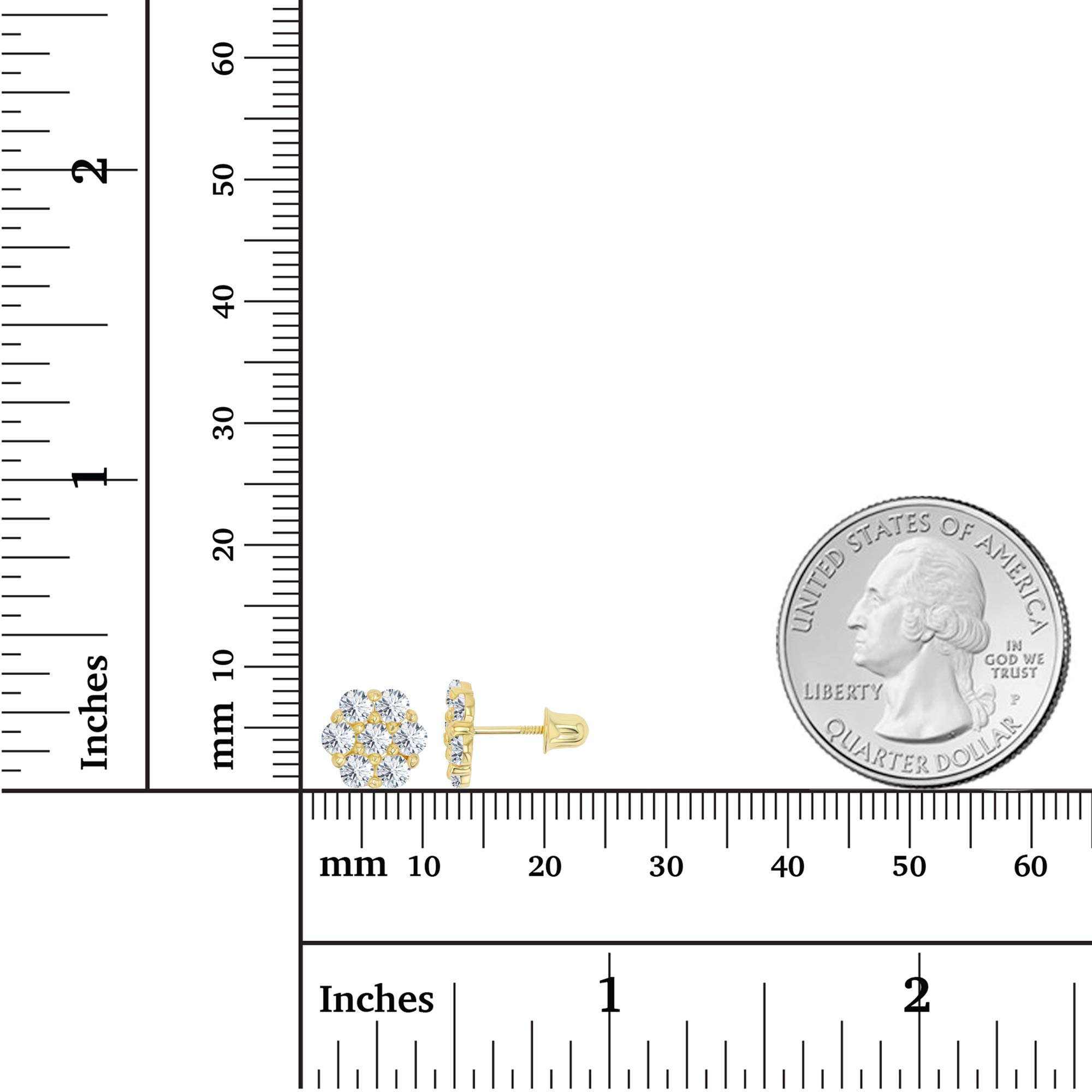 Solid 14K Yellow Gold 8mm Cluster Flower Created White Sapphire Birthstone Flower Screwback Stud Earrings For Women | 2.50mm Round Birthstone | 14K Gold Cluster Screwback Earrings For Women