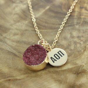 Sorority Shop AOP Necklace - Alpha Omicron Pi Red Druzy Gemstone Necklace With Engraved Pendant – 14K Gold Dipped Jewelry with Red Gemstone – Sorority Gift, Charm Paraphernalia