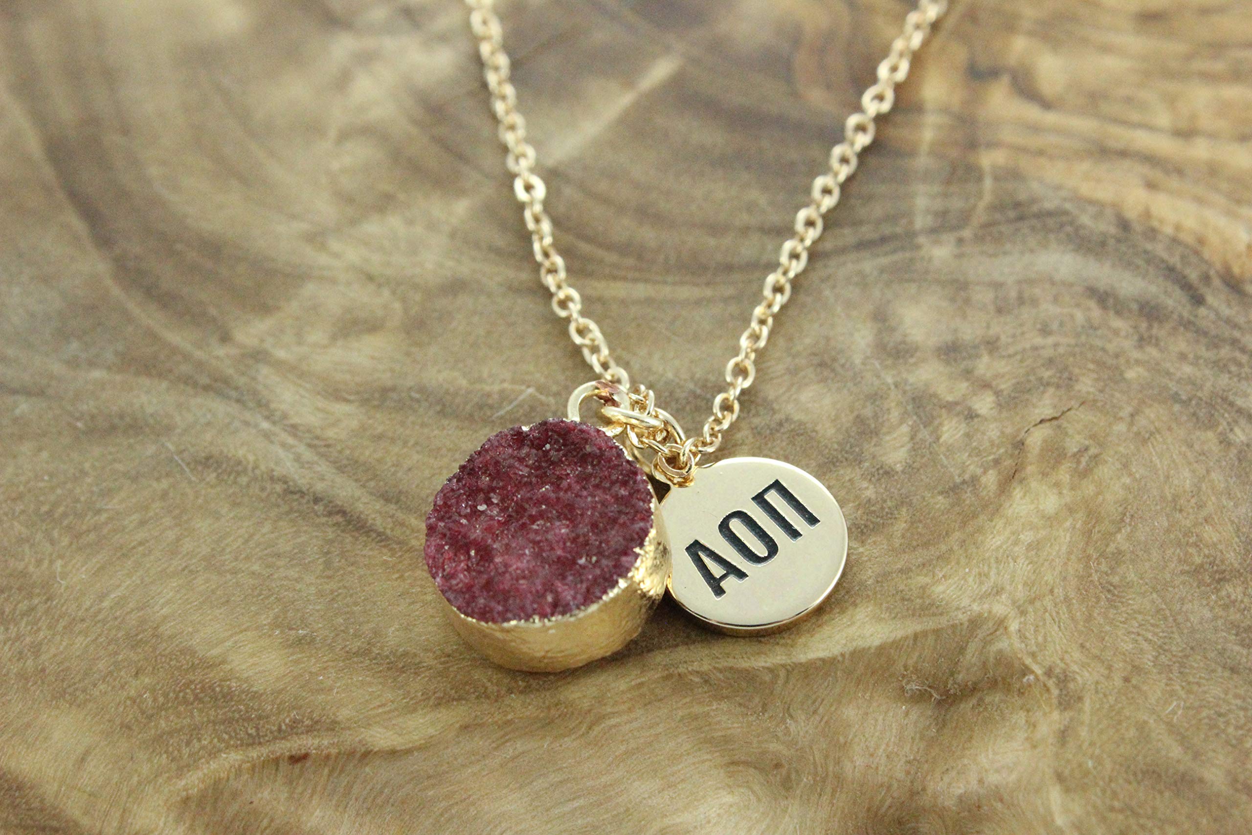 Sorority Shop AOP Necklace - Alpha Omicron Pi Red Druzy Gemstone Necklace With Engraved Pendant – 14K Gold Dipped Jewelry with Red Gemstone – Sorority Gift, Charm Paraphernalia