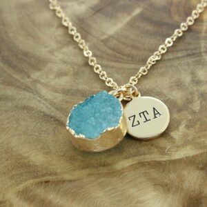 Sorority Shop ZTA Necklace - Zeta Tau Alpha Blue Druzy Gemstone Necklace With Engraved Pendant – 14K Gold Dipped Jewelry with Blue Gemstone – Sorority Gift, Charm Paraphernalia