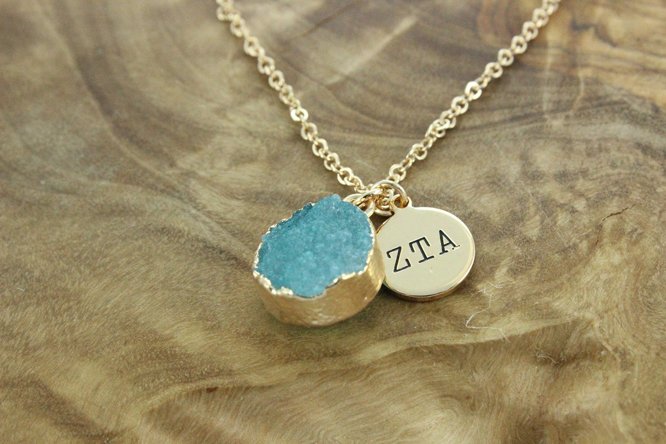 Sorority Shop ZTA Necklace - Zeta Tau Alpha Blue Druzy Gemstone Necklace With Engraved Pendant – 14K Gold Dipped Jewelry with Blue Gemstone – Sorority Gift, Charm Paraphernalia