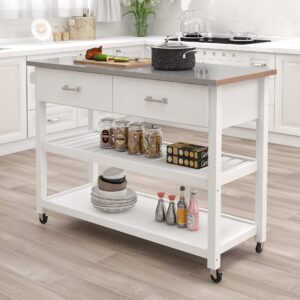 rasoo kitchen island white stainless steel top kitchen cart on wheels with 2 drawers and storage shelves, 47.24"x19.68"x35.82"(lxwxh