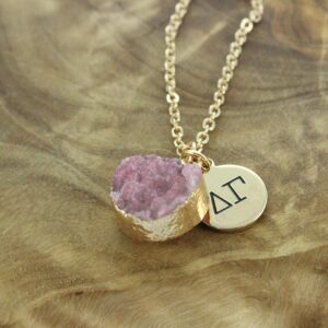 Sorority Shop DG Necklace - Delta Gamma Pink Druzy Gemstone Necklace With Engraved Pendant – 14K Gold Dipped Jewelry with Pink Gemstone – Sorority Gift, Charm Paraphernalia