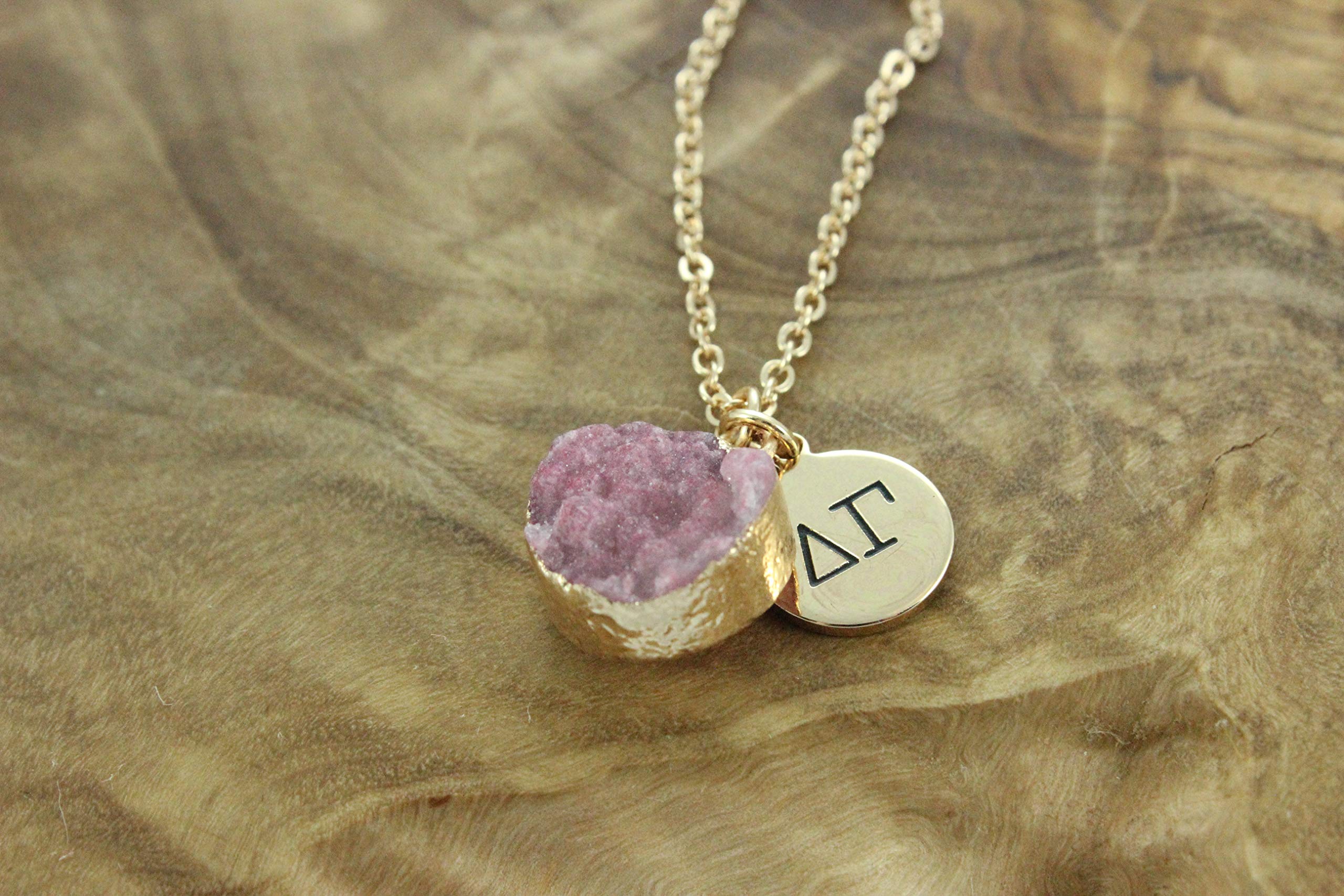 Sorority Shop DG Necklace - Delta Gamma Pink Druzy Gemstone Necklace With Engraved Pendant – 14K Gold Dipped Jewelry with Pink Gemstone – Sorority Gift, Charm Paraphernalia