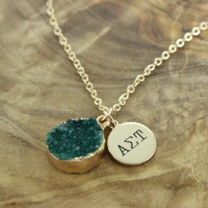 Sorority Shop AST Necklace - Alpha Sigma Tau Green Druzy Gemstone Necklace With Engraved Pendant – 14K Gold Dipped Jewelry with Green Gemstone – Sorority Gift, Charm Paraphernalia