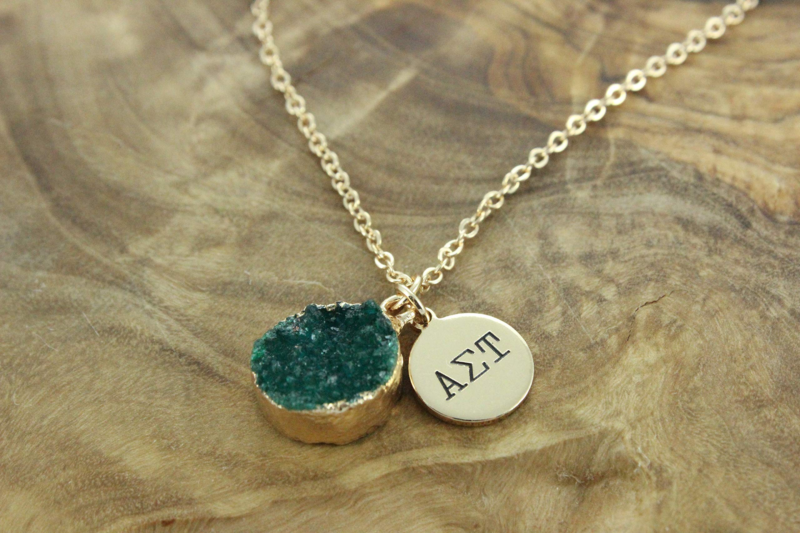 Sorority Shop AST Necklace - Alpha Sigma Tau Green Druzy Gemstone Necklace With Engraved Pendant – 14K Gold Dipped Jewelry with Green Gemstone – Sorority Gift, Charm Paraphernalia