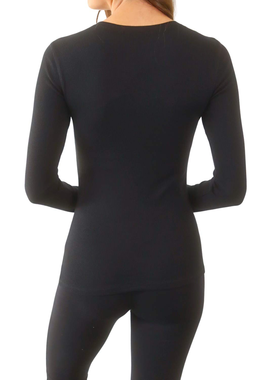 Pure Look Women's Long Sleeve Waffle Knit Stretch Cotton Thermal Underwear Shirt, Large, Henley Black