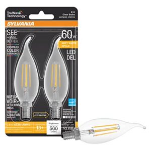 sylvania led truwave natural series décor light bulb, 60w equivalent, efficient 5.5w b10, candelabra base, dimmable, 500 lumens, 2700k, soft white, clear - 2 pack (40757)