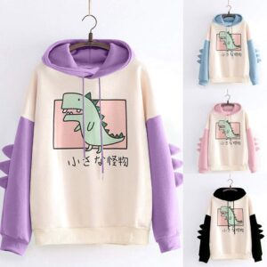 Boxinay Women's Teen Girls Cute Dinosaur Long Sleeve Hoodies Casual Loose Sweaters Hooded Sweatshirts Pullover Tops Shirts Black