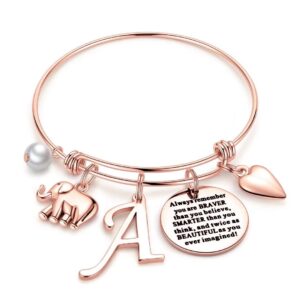 m mooham elephant gifts for women, letter a initial elephant bracelets for women elephant jewelry, you are braver than you believe inspirational bracelet thinking of you gifts for women birthday