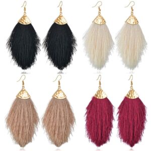 fashion bohemian silky thread fan fringe tassel statement earrings - lightweight strand feather shape dangles earring 4 pcs (black+white+beige+dark red)