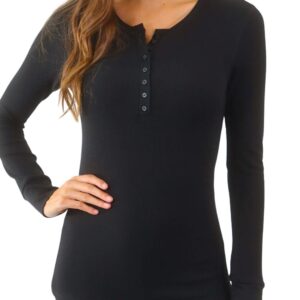 Pure Look Women's Long Sleeve Waffle Knit Stretch Cotton Thermal Underwear Shirt, Large, Henley Black