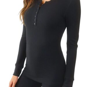 Pure Look Women's Long Sleeve Waffle Knit Stretch Cotton Thermal Underwear Shirt, Large, Henley Black