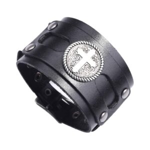 nsitbbuery hip hop jewelry metal cross disc belt buckle bracelet wide leather wristband bracelet(black)