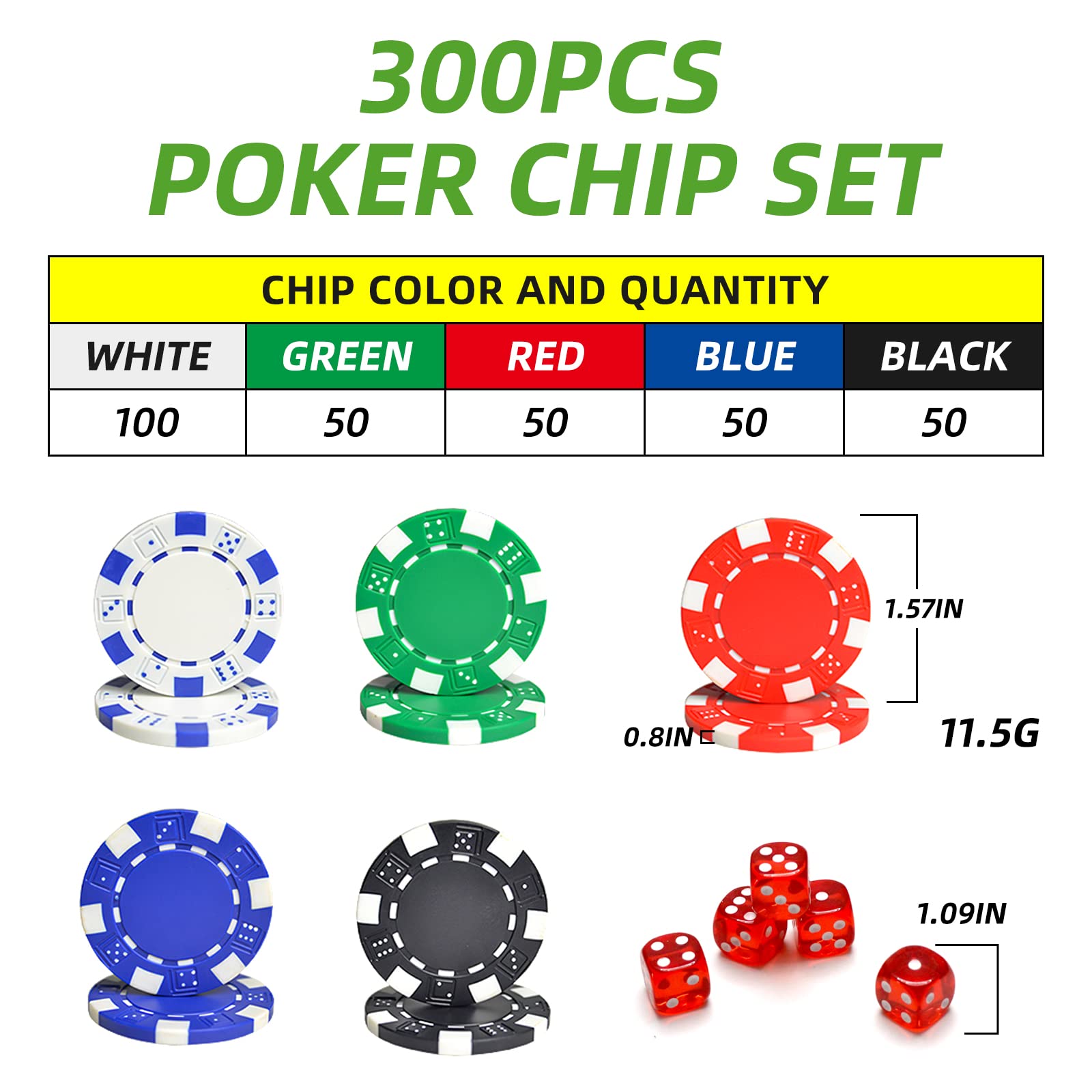 NOLIE Casino Poker Chip Set 300 PCS with Reinforced Aluminum Case for Gambling(11.5 Gram)