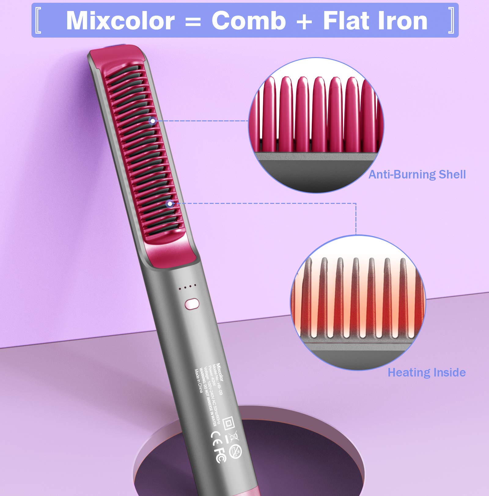 Mixcolor Hair Straightener Brush, Hair Straightening Iron with 30s Fast Heating Up & 4 Temp Settings & Anti-Scald, Professional Salon at Home, Travel and Salon, Silver