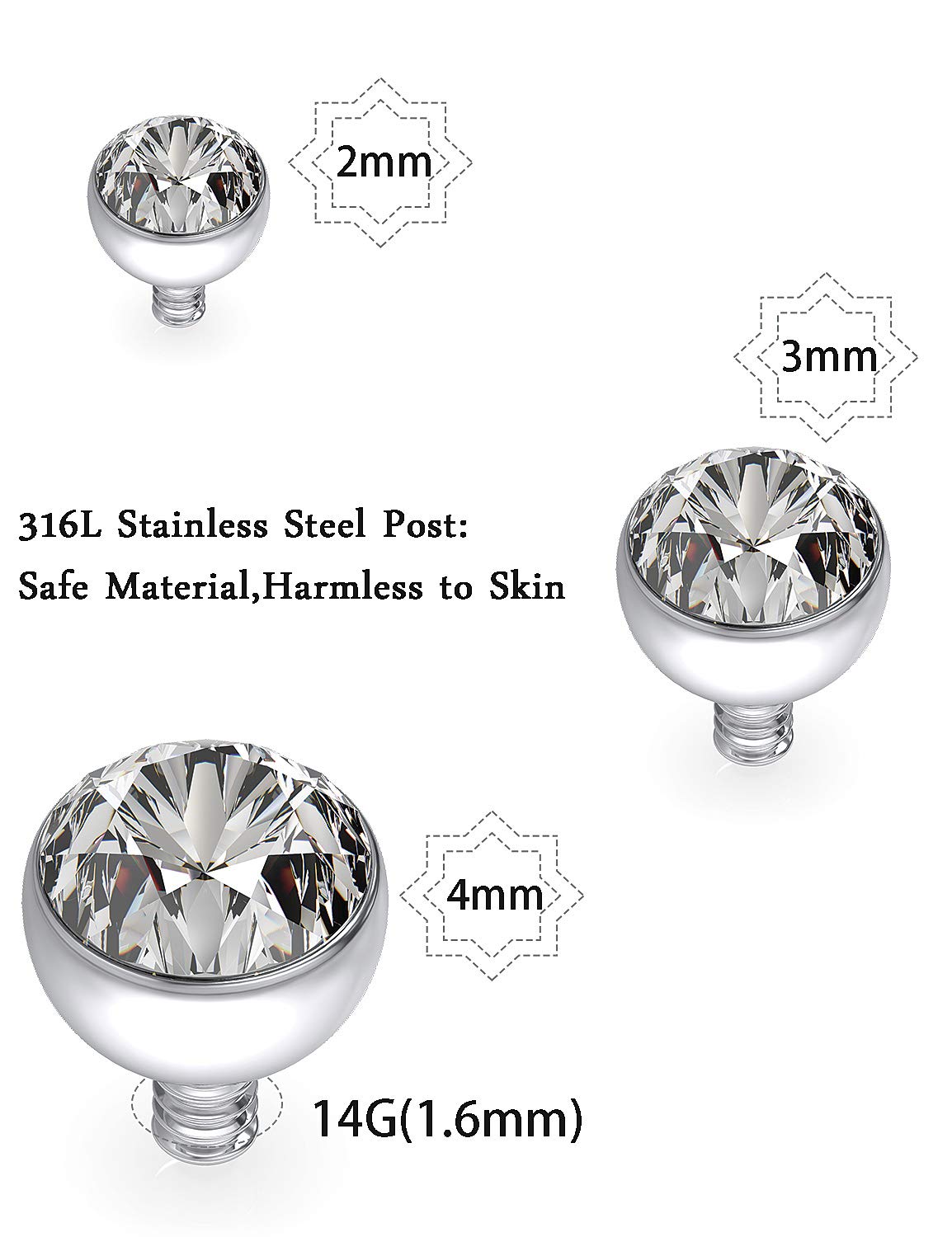 Gadeaila 14G Dermal Piercing Jewelry, 48Pcs Titanium Anchor Tops with 2/3/4MM White CZ Diamonds, for Women & Men