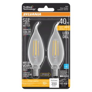 LEDVANCE SYLVANIA LED TruWave Natural Series Décor Light Bulb, B10 Chandelier 40W Equivalent, Efficient 4W, Candelabra Base, Dimmable, 350 Lumens, 2700K, Clear, Soft White - 2 Pack (40755)