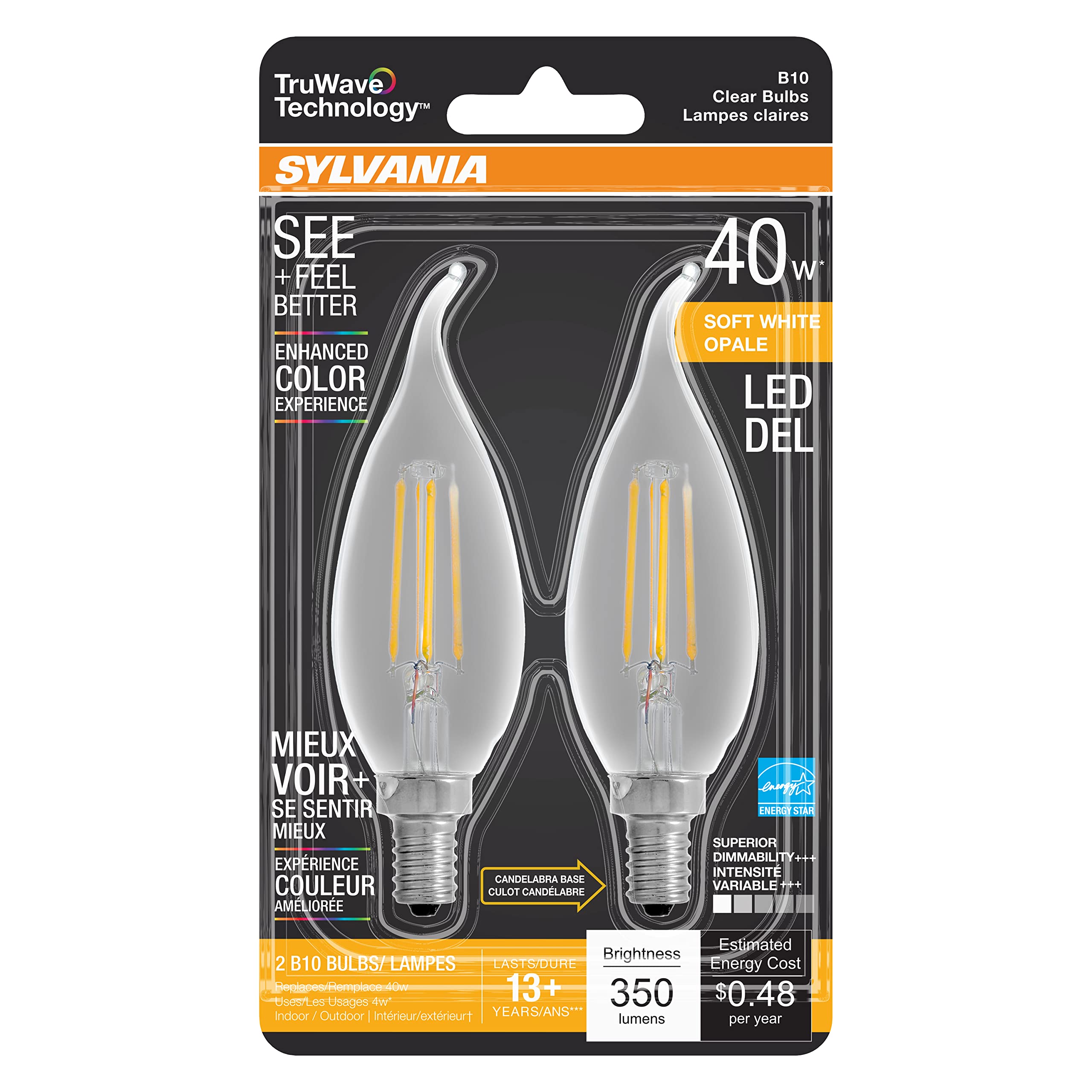 LEDVANCE SYLVANIA LED TruWave Natural Series Décor Light Bulb, B10 Chandelier 40W Equivalent, Efficient 4W, Candelabra Base, Dimmable, 350 Lumens, 2700K, Clear, Soft White - 2 Pack (40755)