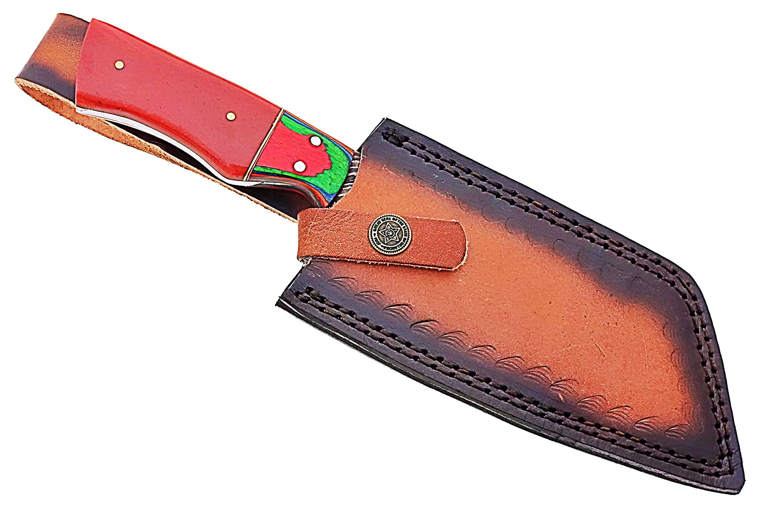 Damascus Steel Hunting Knife - Fixed Blade Knives with Sheath - Firm Grip Handle Made of Rose Wood (Mac)