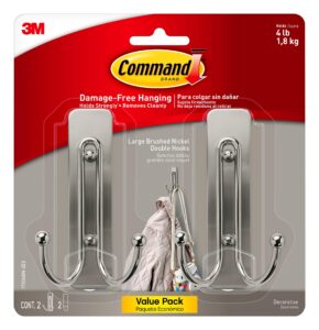 command large wall hooks, damage free hanging wall hooks with adhesive strips, no tools double wall hooks for hanging decorations in living spaces, 2 brushed nickel plastic hooks and 2 command strips