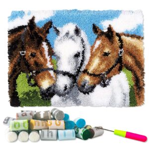 DL-YTG Latch Hook Kits Rug Three horses Crochet Yarn Cushion Colour Pre-Printed Canvas Cover Rug Needlework DIY Hook and Latch Kit Home Decoration 52x38cm/20 X15 inch