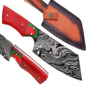 damascus steel hunting knife - fixed blade knives with sheath - firm grip handle made of rose wood (mac)