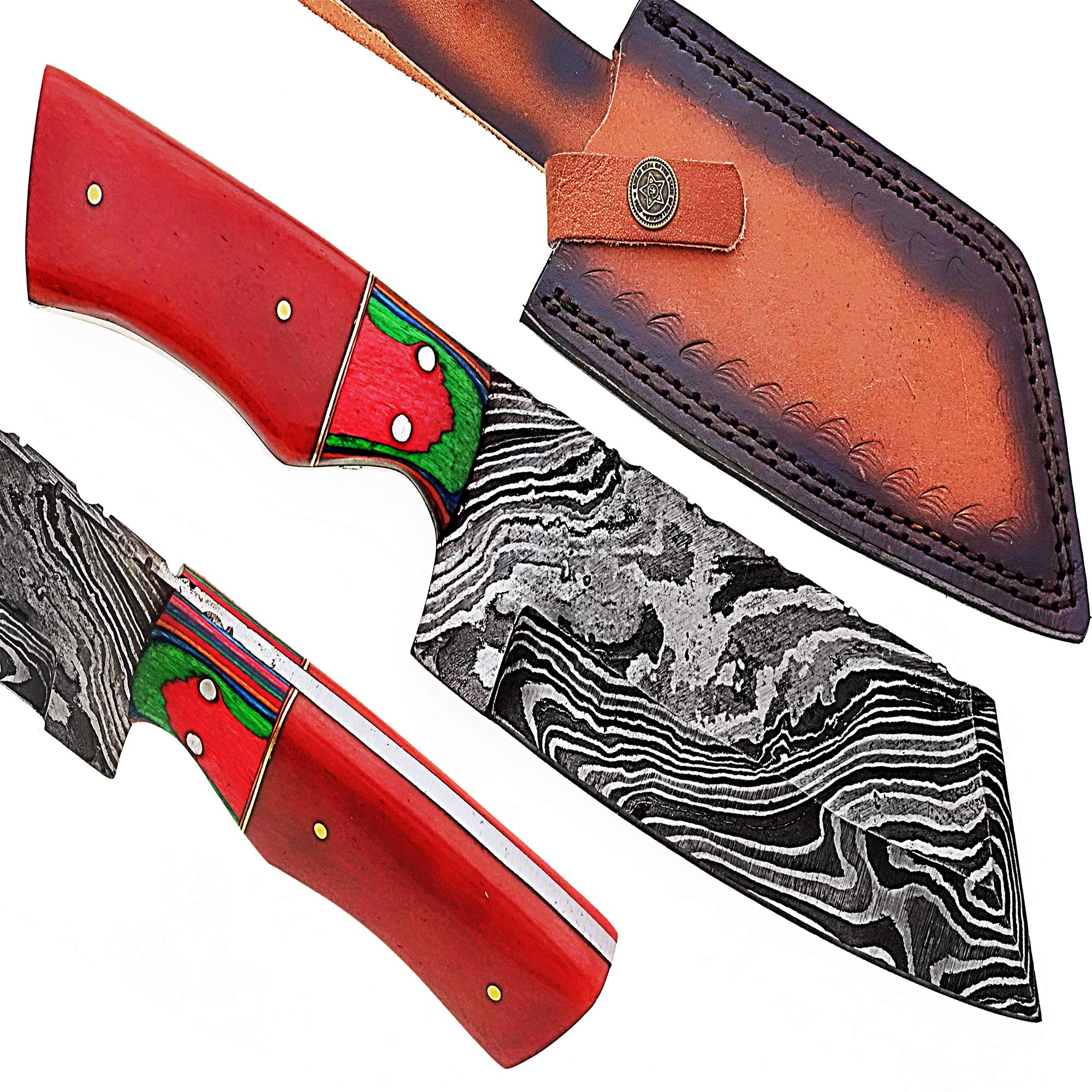 Damascus Steel Hunting Knife - Fixed Blade Knives with Sheath - Firm Grip Handle Made of Rose Wood (Mac)