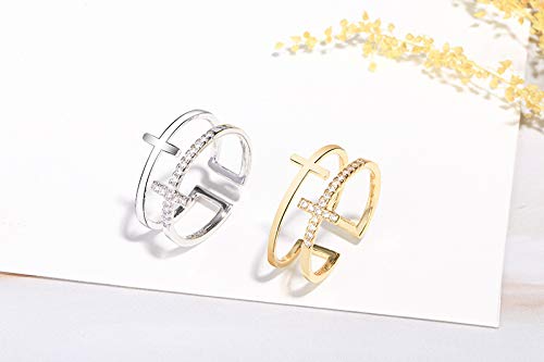 Flzaitian Simple Fashion Double Layer Cross Open Ring,Crystal Cross Finger Rings for Couple Women Girl (Silver)