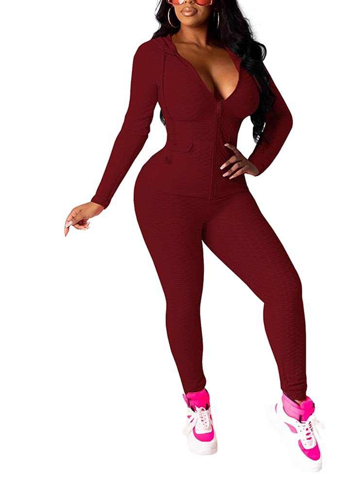 Elosele Womens Tracksuit Workout Outfits Sweatsuit - Long Sleeve Zip Up Hooded Jacket High Waist Textured Leggings Yoga Activewear Set Wine Red M