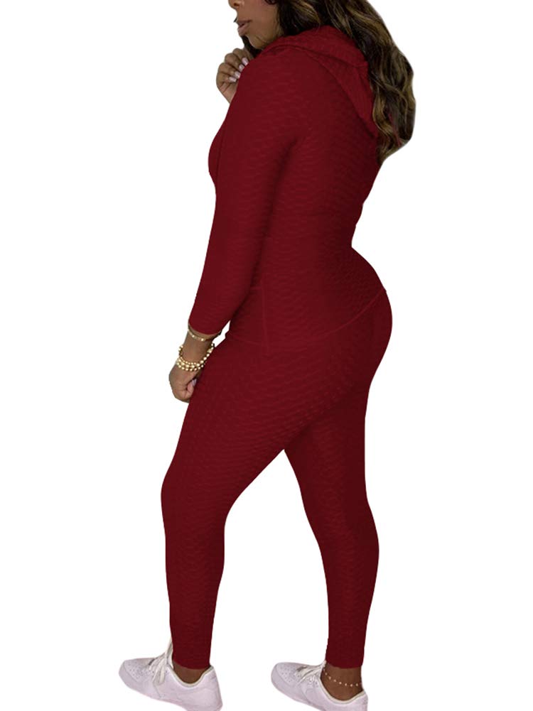 Elosele Womens Tracksuit Workout Outfits Sweatsuit - Long Sleeve Zip Up Hooded Jacket High Waist Textured Leggings Yoga Activewear Set Wine Red M