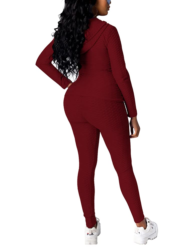 Elosele Womens Tracksuit Workout Outfits Sweatsuit - Long Sleeve Zip Up Hooded Jacket High Waist Textured Leggings Yoga Activewear Set Wine Red M