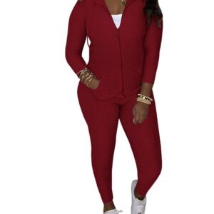 Elosele Womens Tracksuit Workout Outfits Sweatsuit - Long Sleeve Zip Up Hooded Jacket High Waist Textured Leggings Yoga Activewear Set Wine Red M