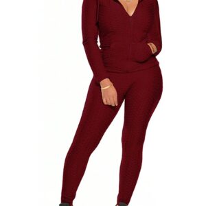 Elosele Womens Tracksuit Workout Outfits Sweatsuit - Long Sleeve Zip Up Hooded Jacket High Waist Textured Leggings Yoga Activewear Set Wine Red M