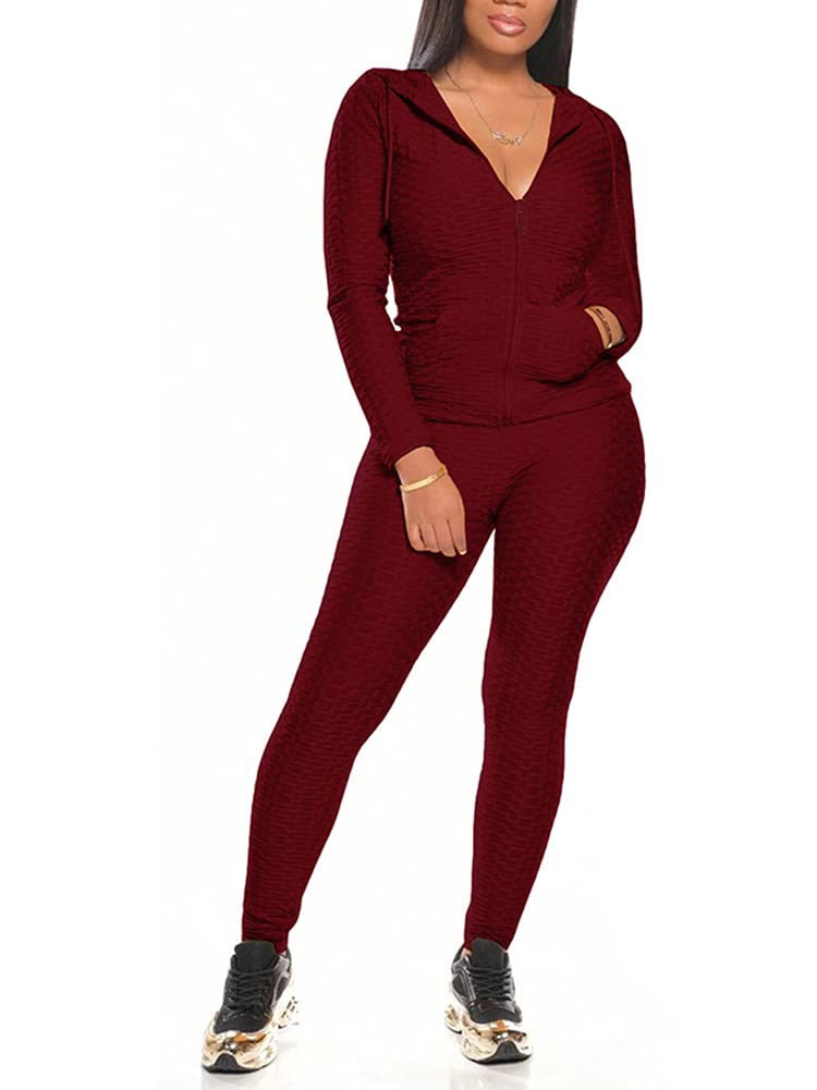 Elosele Womens Tracksuit Workout Outfits Sweatsuit - Long Sleeve Zip Up Hooded Jacket High Waist Textured Leggings Yoga Activewear Set Wine Red M