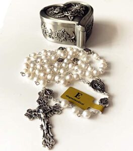 elegantmedical handmade aaa 6mm real pearl beads catholic our lady grace rosary cross necklace box case gifts (white)