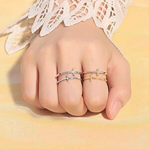 Flzaitian Simple Fashion Double Layer Cross Open Ring,Crystal Cross Finger Rings for Couple Women Girl (Silver)