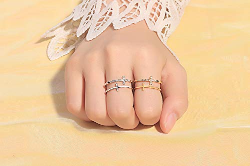 Flzaitian Simple Fashion Double Layer Cross Open Ring,Crystal Cross Finger Rings for Couple Women Girl (Silver)