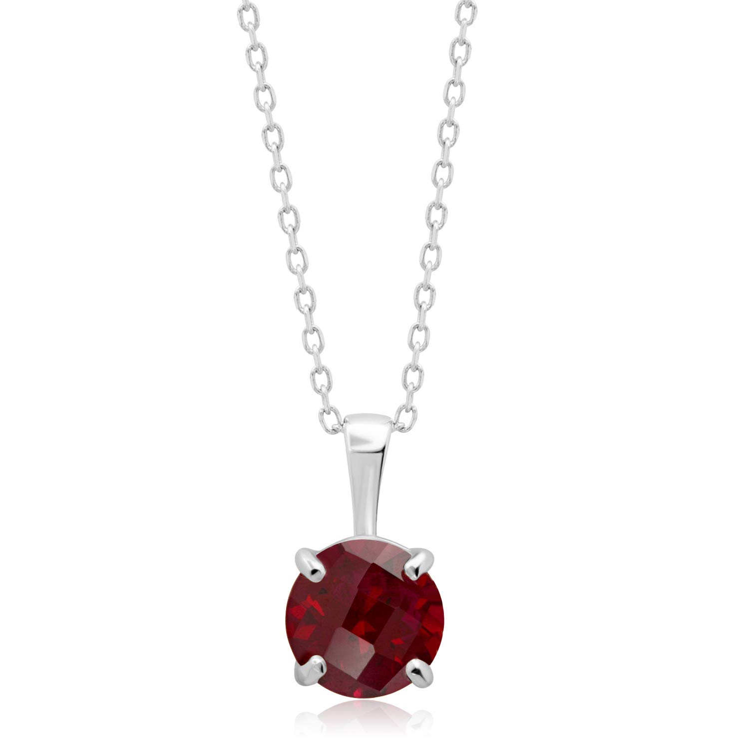 MAX + STONE 14k White Gold Created Red Ruby Round Pendant Necklace for Women 6mm Solitaire July Birthstone with 18 Inch Cable Chain