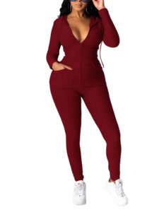 elosele womens tracksuit workout outfits sweatsuit - long sleeve zip up hooded jacket high waist textured leggings yoga activewear set wine red m