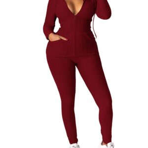 Elosele Womens Tracksuit Workout Outfits Sweatsuit - Long Sleeve Zip Up Hooded Jacket High Waist Textured Leggings Yoga Activewear Set Wine Red M