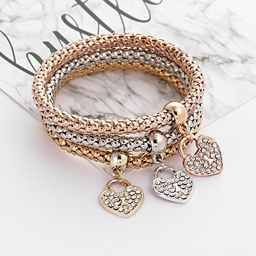 BELLA-Bee 3PCS/SET Multilayer Butterfly Heart Elephant Charms Chain Bracelet Crystal Stretch Bracelet for Women jewelry (3PC/SET Heart)