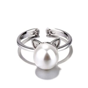 flzaitian cat ear pearl ring cat claw open ring cat index finger joint ring jewelry for women (white)