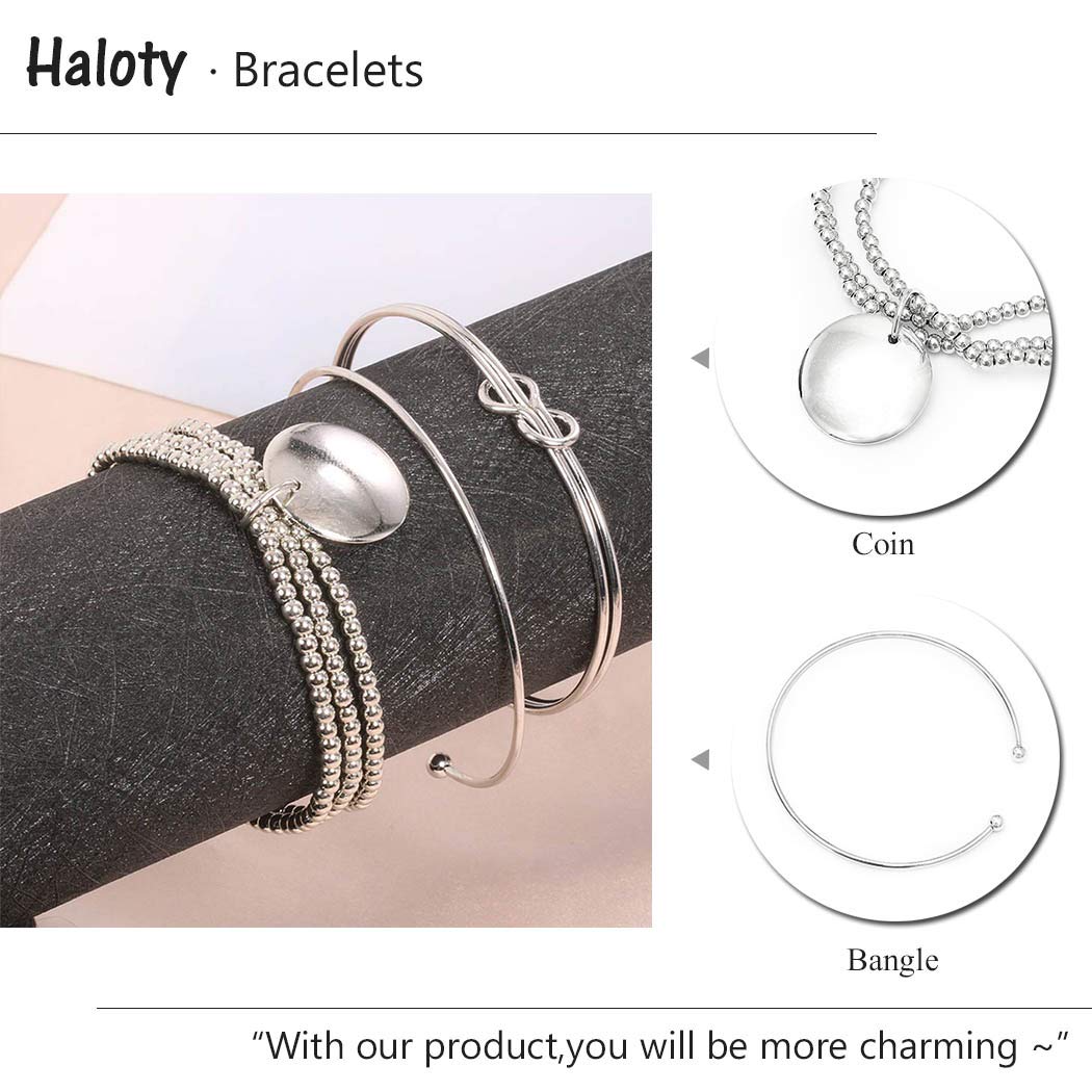 Dmaiy Boho Layered Knot Bangle Stackable Bracelets Silver Dainty Coin Beaded Hand Jewelry for Women and Men 5Pcs (Coin)