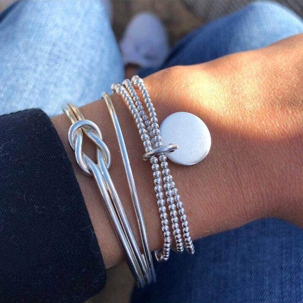 Dmaiy Boho Layered Knot Bangle Stackable Bracelets Silver Dainty Coin Beaded Hand Jewelry for Women and Men 5Pcs (Coin)