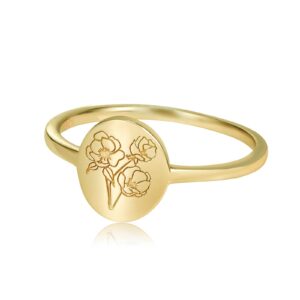 yegieonr handmade flower signet ring,18k gold ring for women, minimalistic statement ring with botanical engraved delicate personalized jewelry gift for women