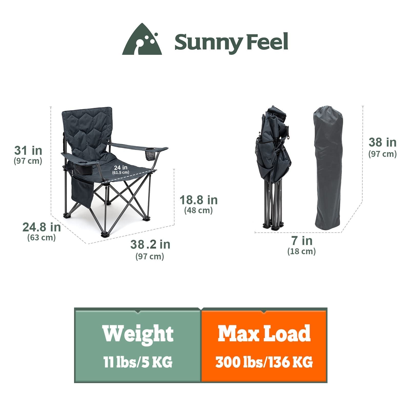 SUNNYFEEL XL Oversized Camping Chair, Folding Camp Chairs for Adults Heavy Duty Big Tall 500 LBS, Padded Portable Quad Arm Lawn Chair with Pocket for Outdoor/Picnic/Beach/Sports