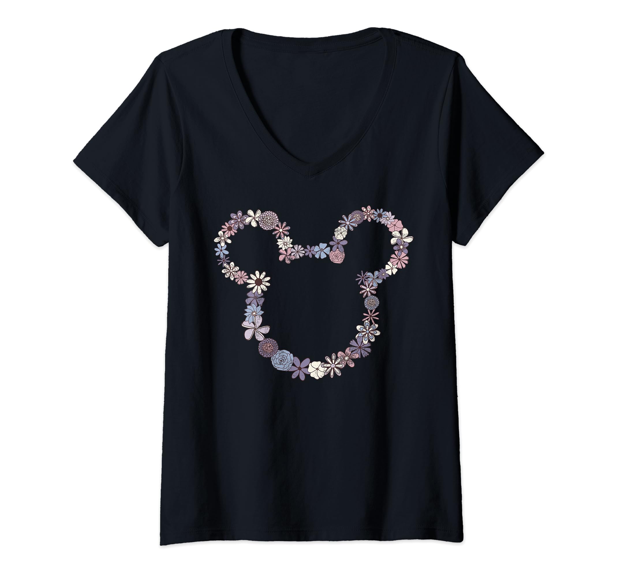 Womens Disney Mickey & Friends Mickey Floral Outline V-Neck Short Sleeve T-Shirt