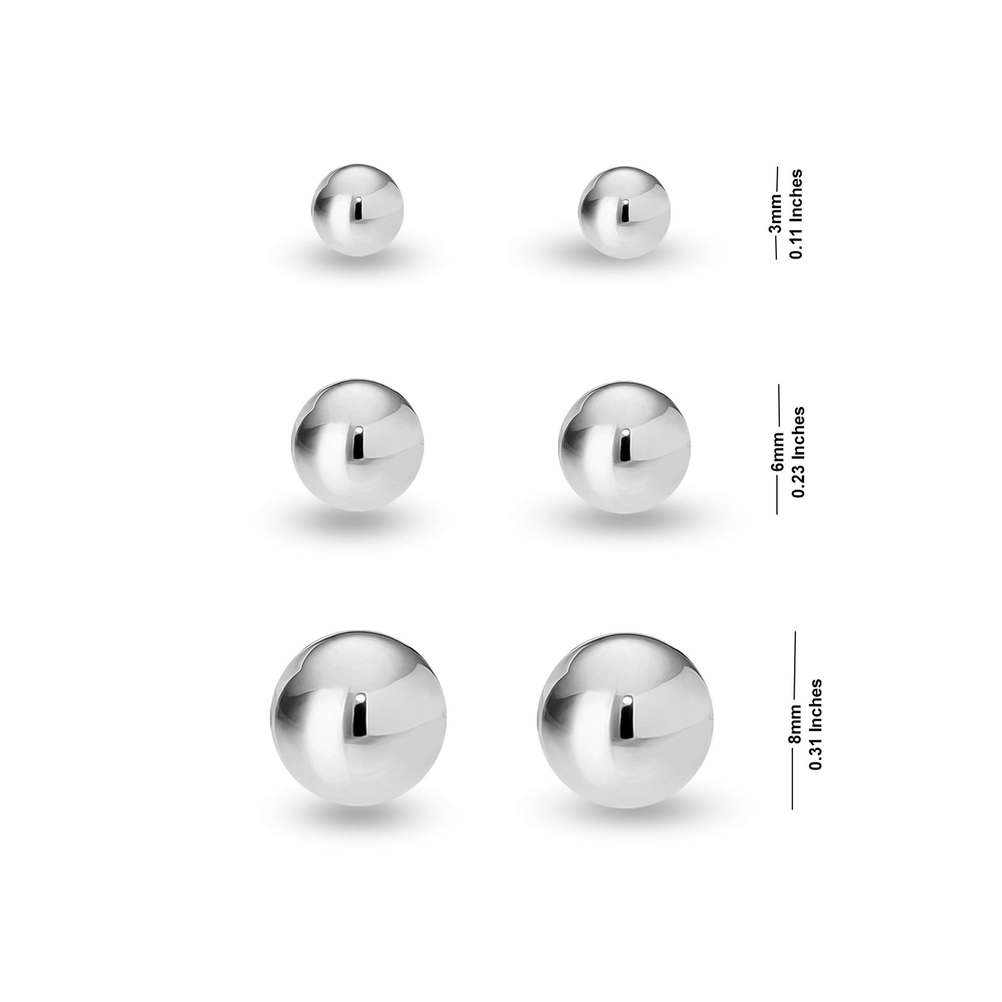 Charmsy Set of 3 Pairs 925 Sterling Silver Classic Ball-Post Stud Earrings for Girl Teen Women 3mm 6mm 8 mm